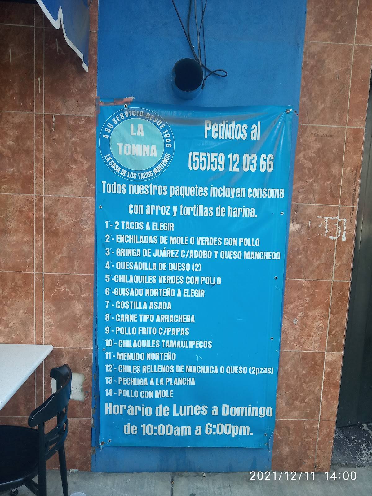 Carta del restaurante La Tonina, Ciudad del México