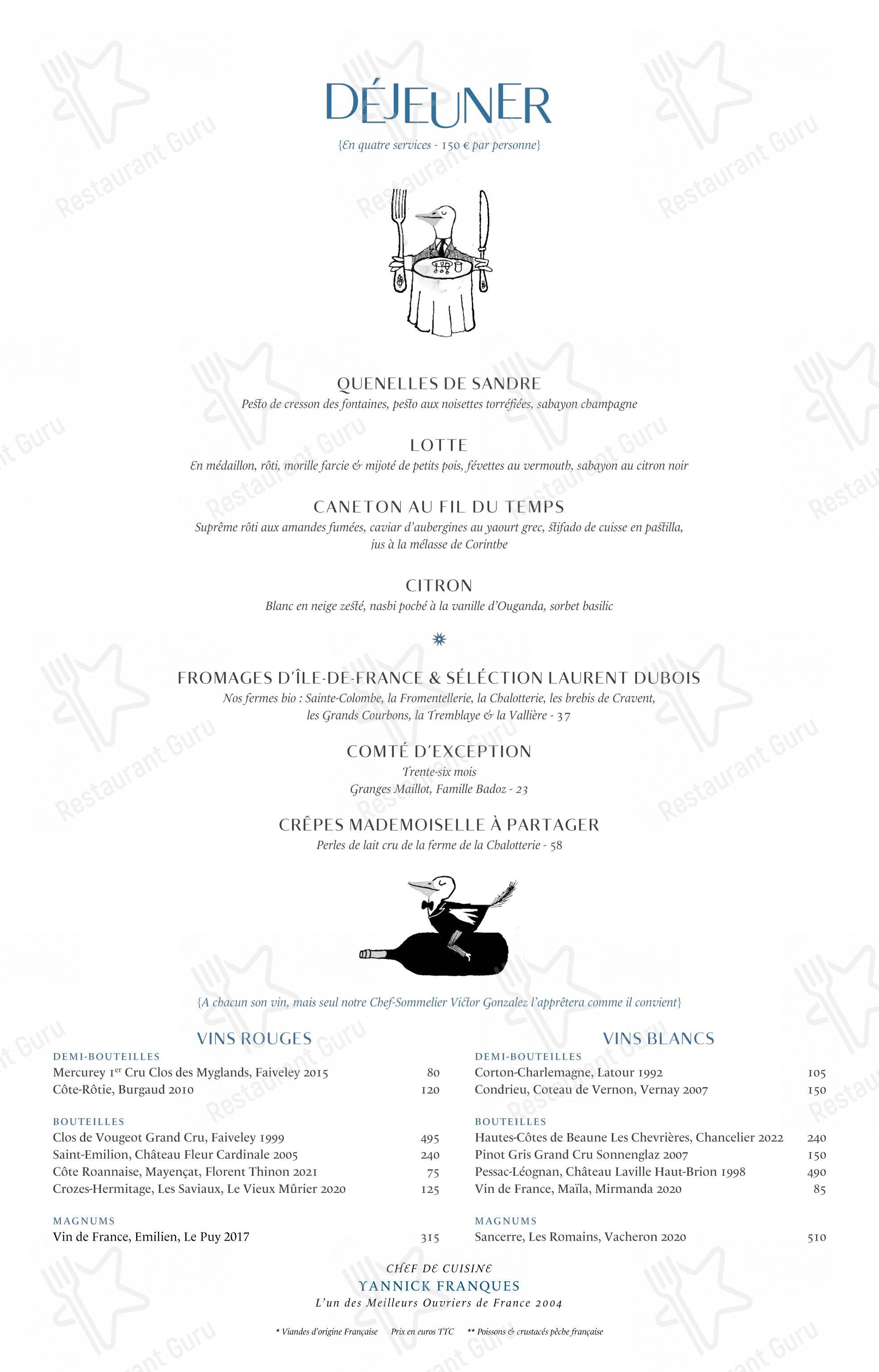 Menu au La Tour d'Argent restaurant, Paris, 15 Quai de la Tournelle