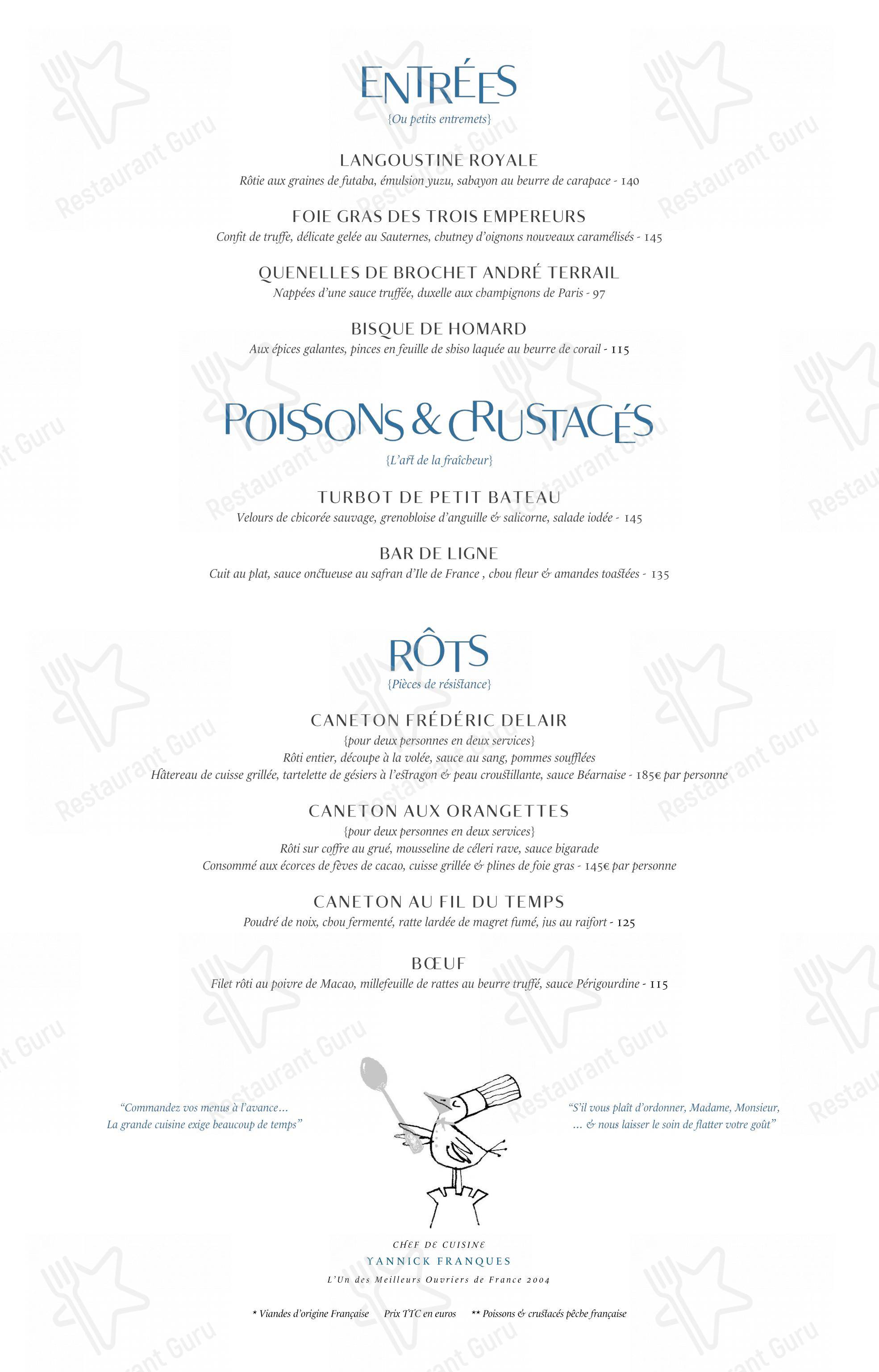 Menu at La Tour d'Argent restaurant, Paris, 15 Quai de la Tournelle
