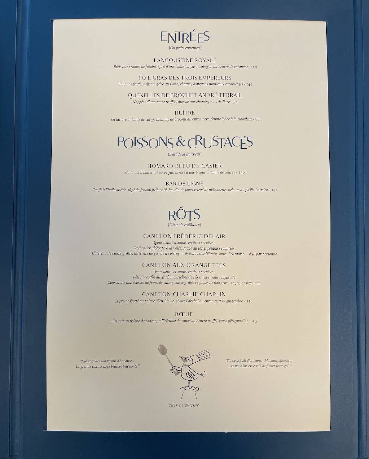 Menu at La Tour d'Argent restaurant, Paris, 15 Quai de la Tournelle