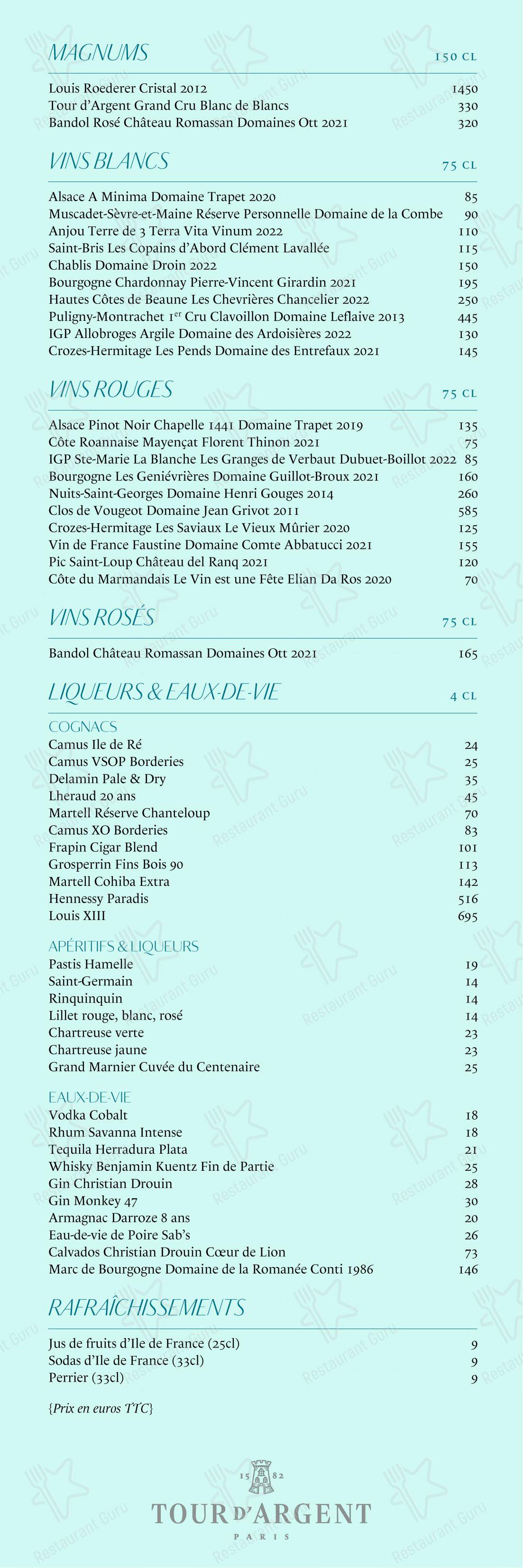 Menu at La Tour d'Argent restaurant, Paris, 15 Quai de la Tournelle