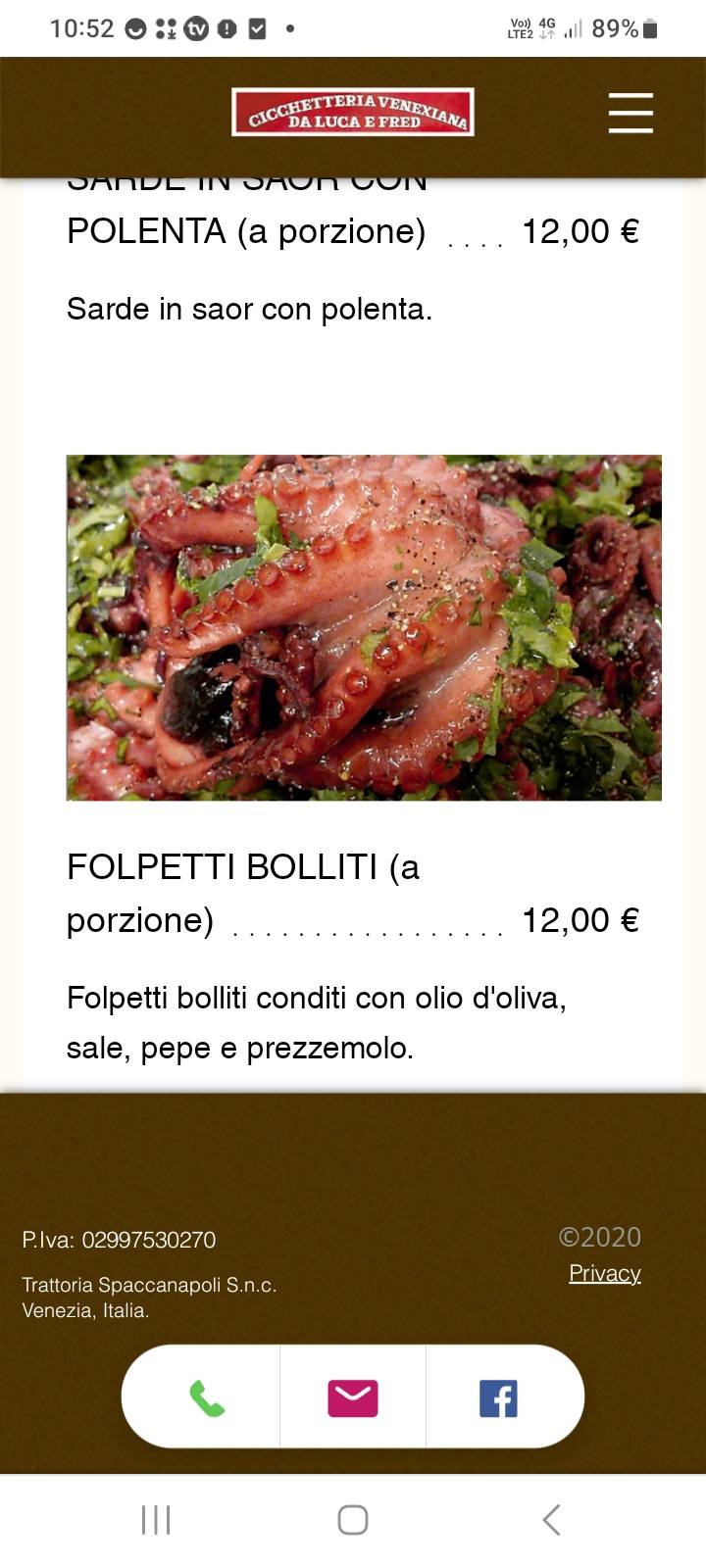 Menu au La gondola veneta restaurant, Bomporto