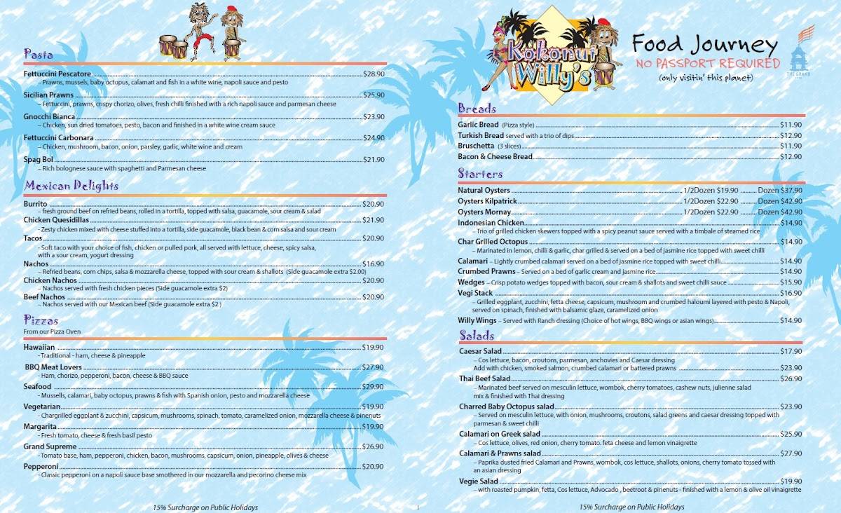 Menu at Kokonut Willys @ The Grand Hotel restaurant, Labrador