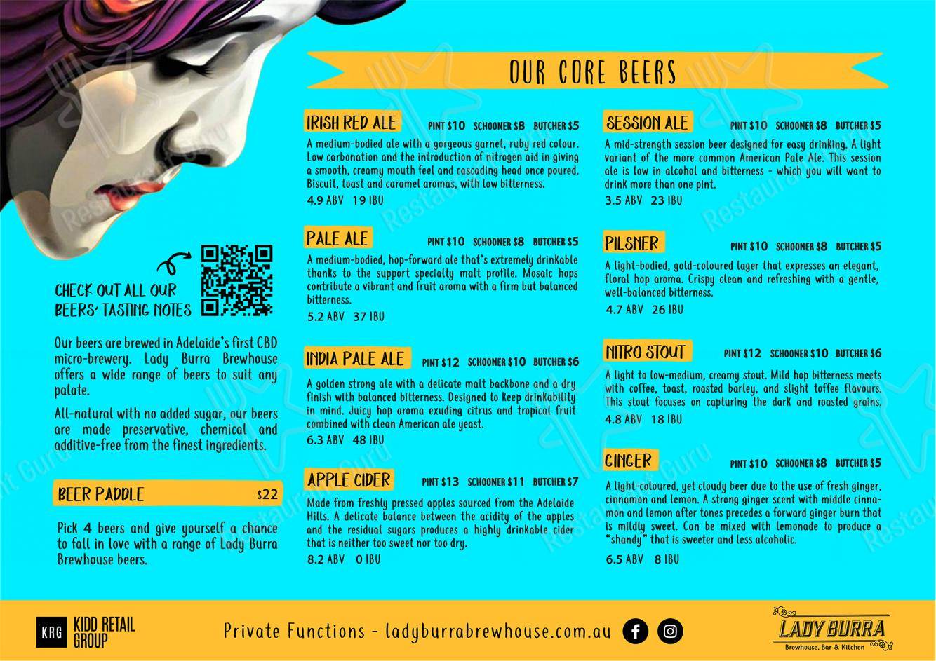 Menu at Lady Burra Brewhouse pub & bar, Adelaide