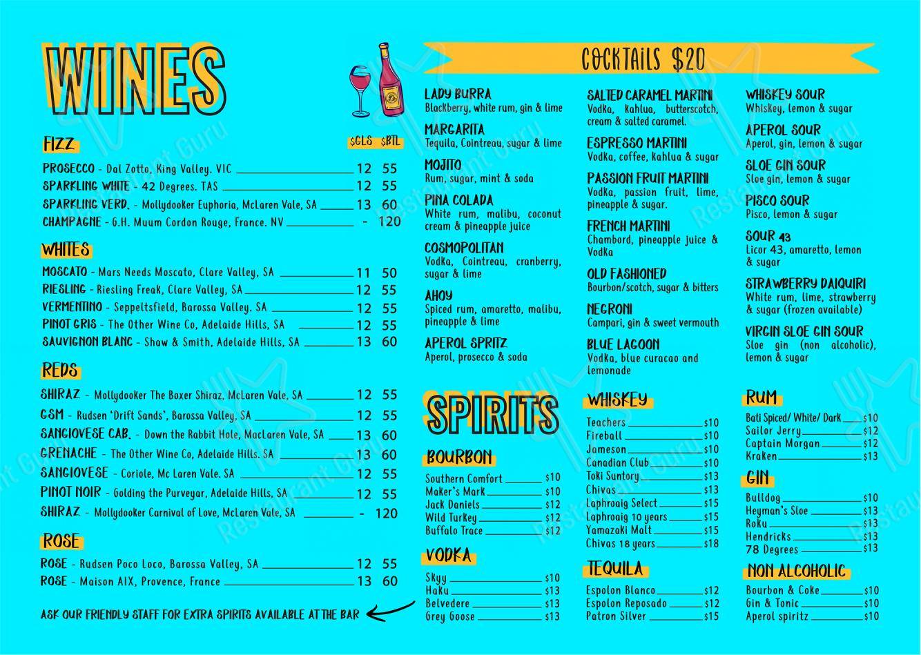 Menu at Lady Burra Brewhouse pub & bar, Adelaide