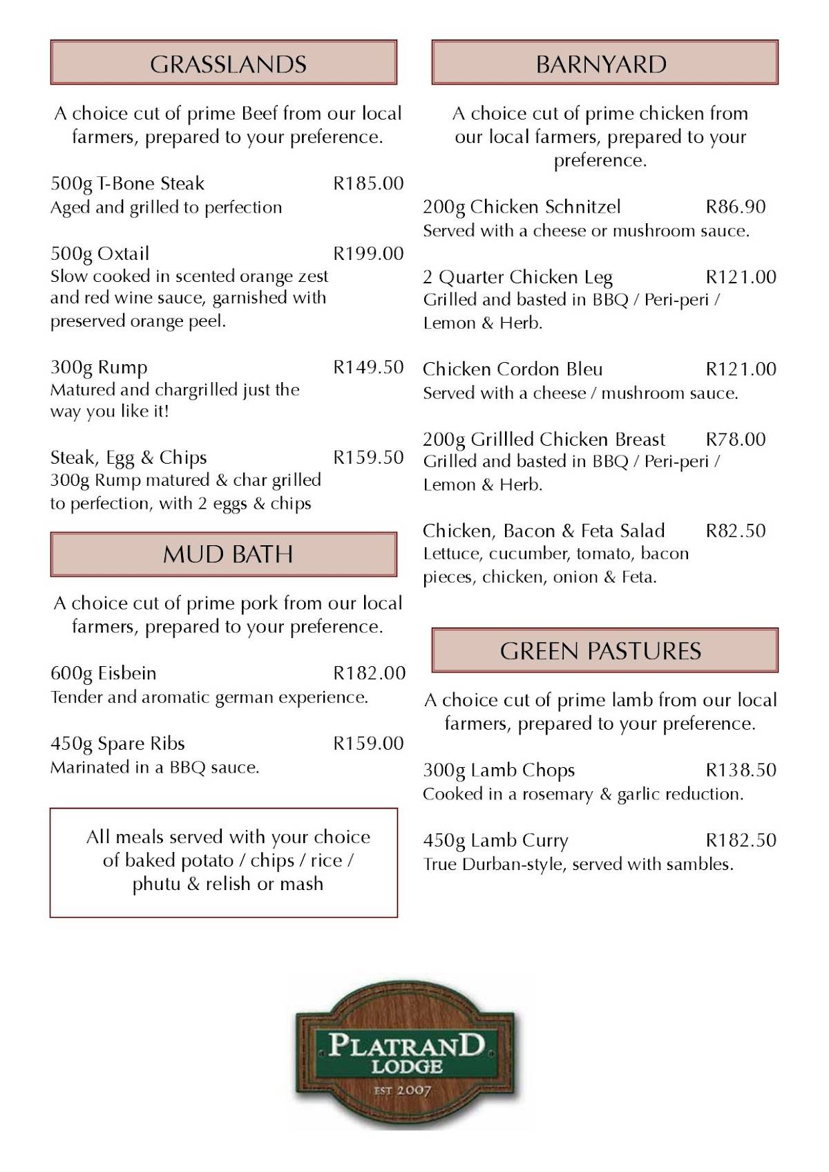 Menu at Platrand Lodge restaurant, Ladysmith
