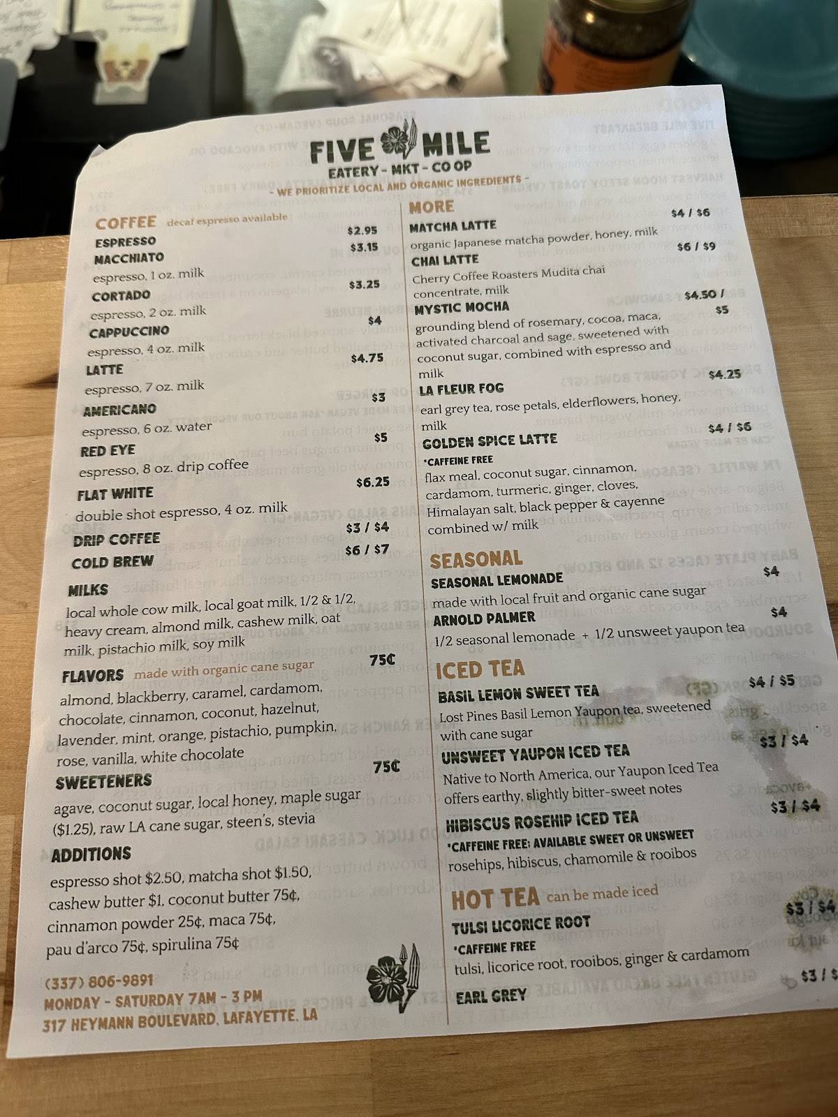 Menu at Five Mile Eatery restaurant, Lafayette