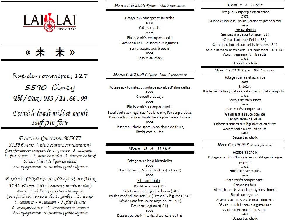 Menu au Lai-Lai, Ciney