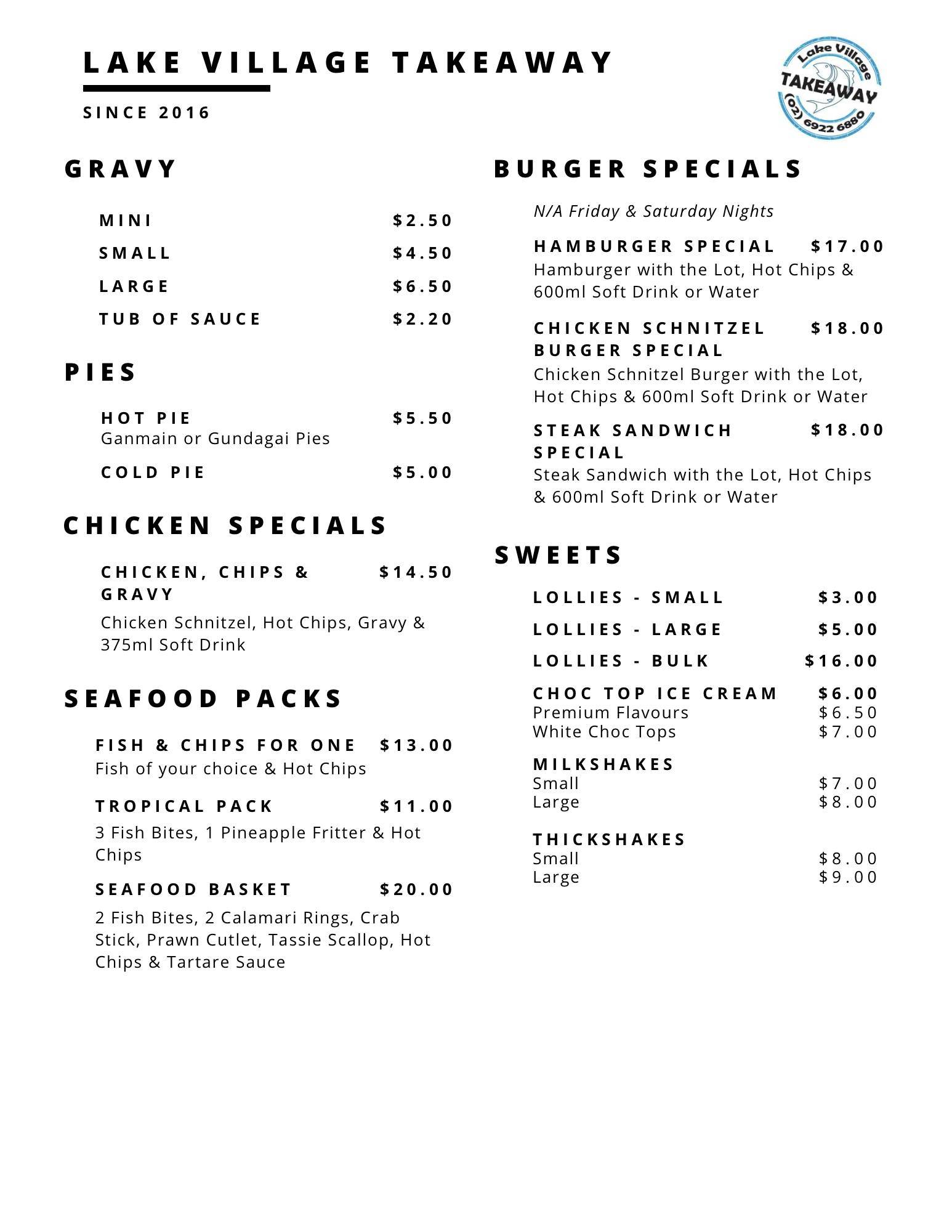 Menu at Lake Village Takeaway restaurant, Lake Albert