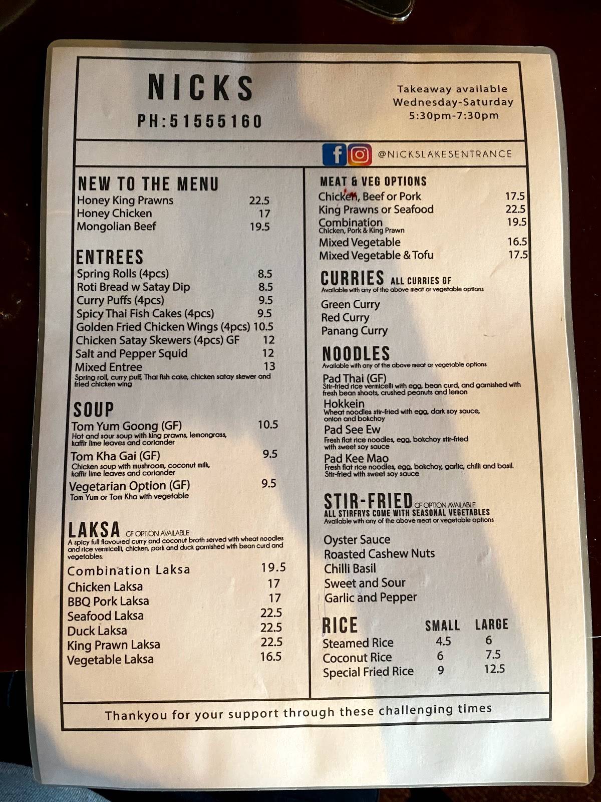 Menu at Nicks Thai cafe, Lakes Entrance
