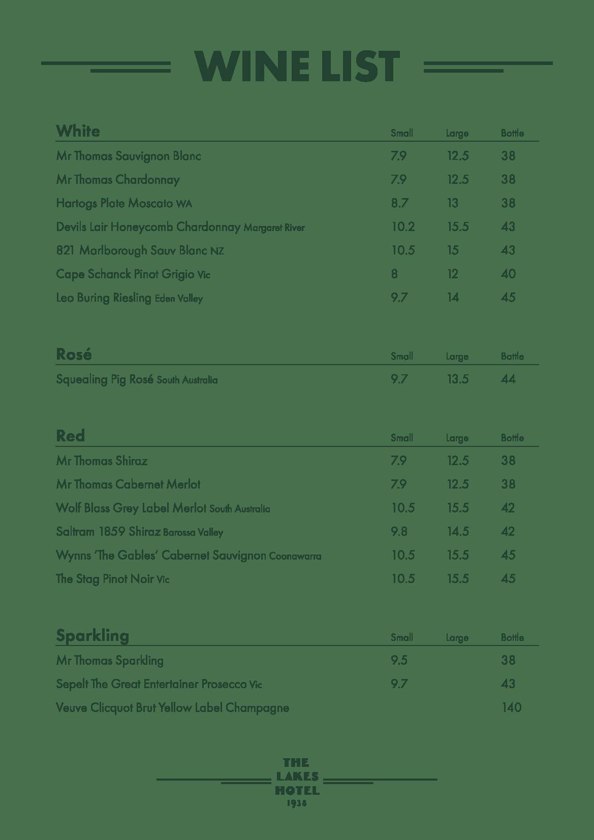 Menu at Lakes Hotel pub & bar, Rosebery