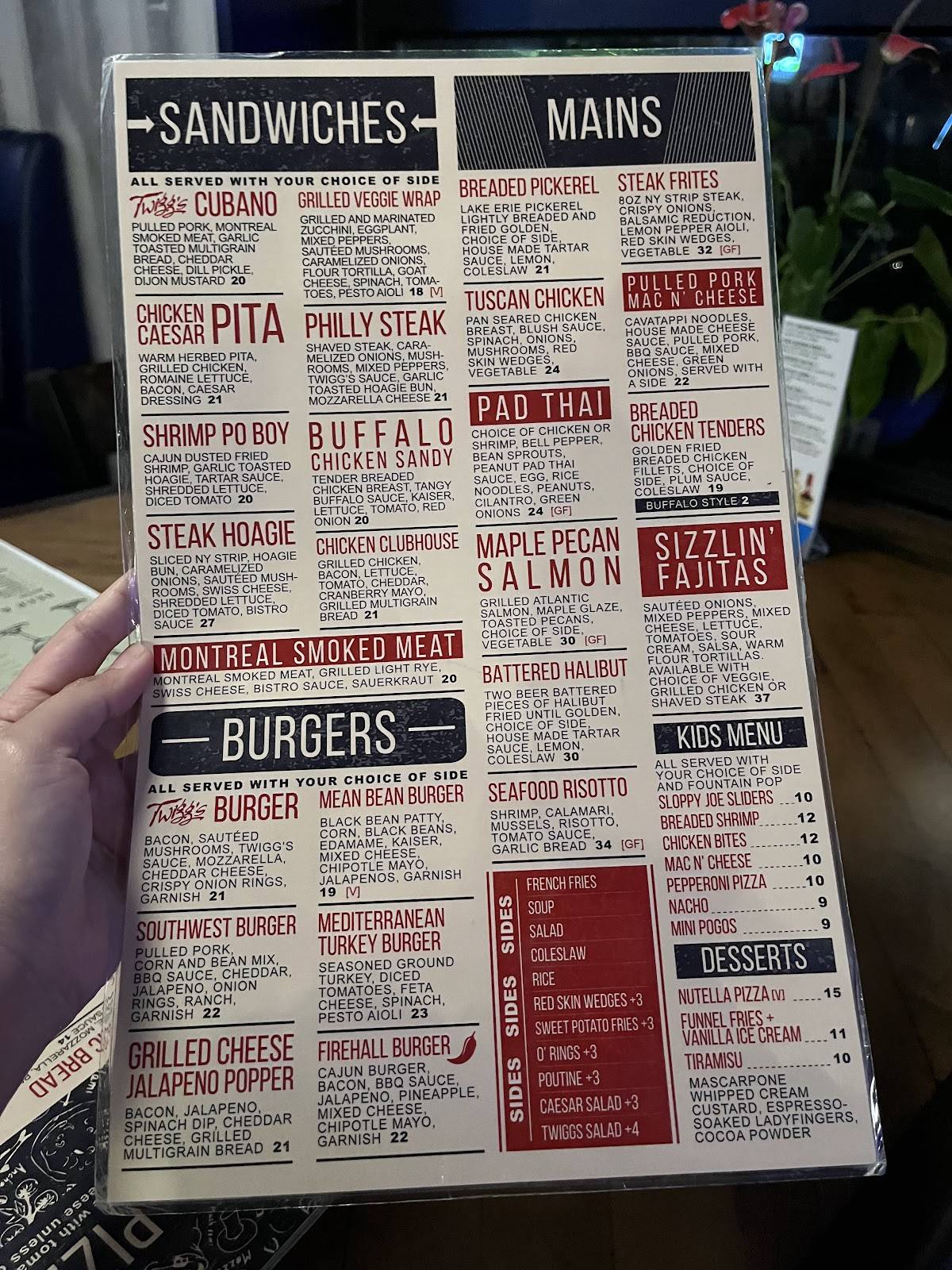 Menu at Twigg's Bar & Grill, Lakeshore