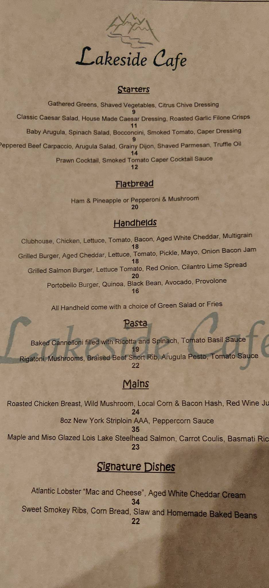 Menu at Lakeside Cafe, Harrison Hot Springs