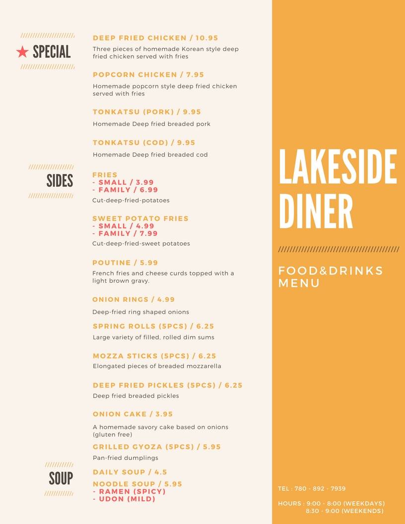 Menu at Lakeside Diner restaurant, Wabamun