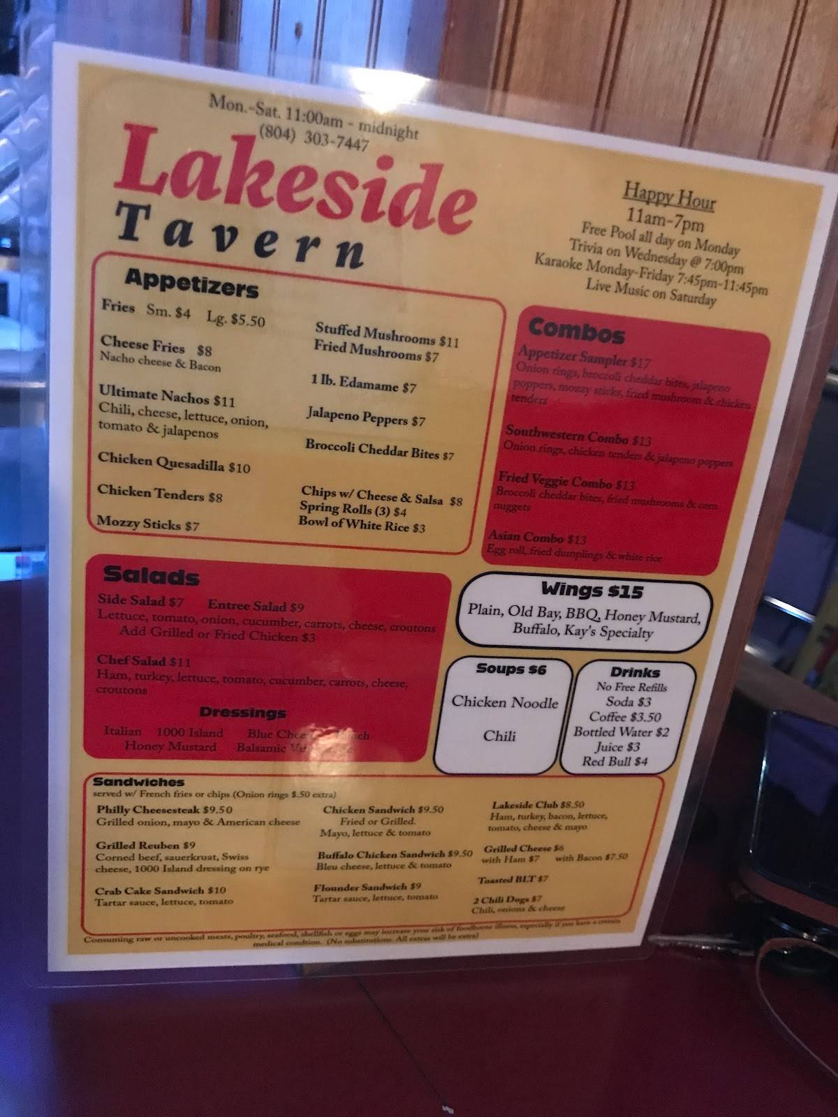 Menu at Lakeside Tavern pub & bar, Lakeside, Lakeside Ave