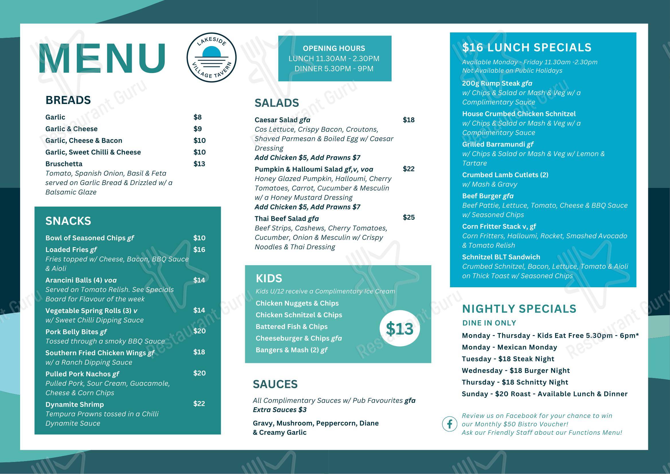 Menu at Lakeside Village Tavern restaurant, Raymond Terrace, 74 ...