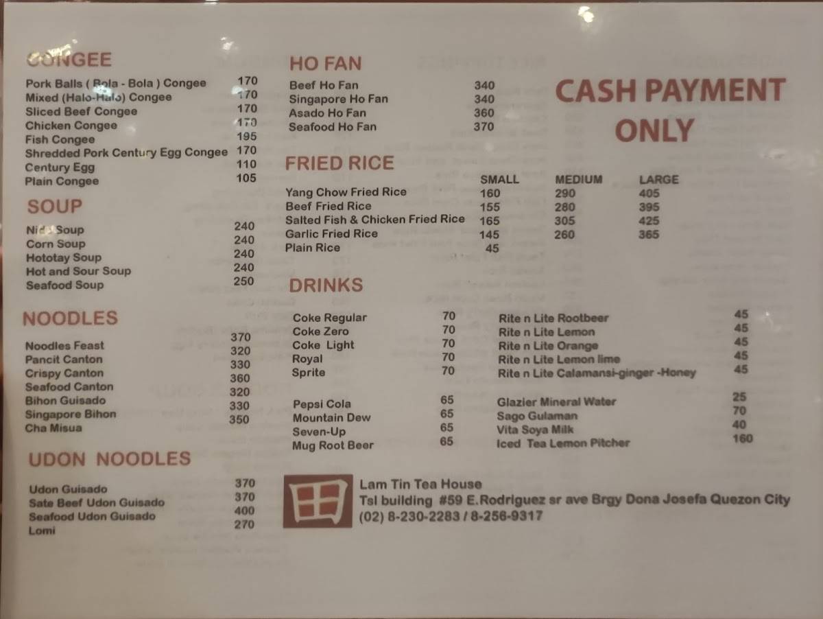 Menu at Lam Tin Tea House restaurant, Quezon City, 59 E Rodriguez Sr. Ave