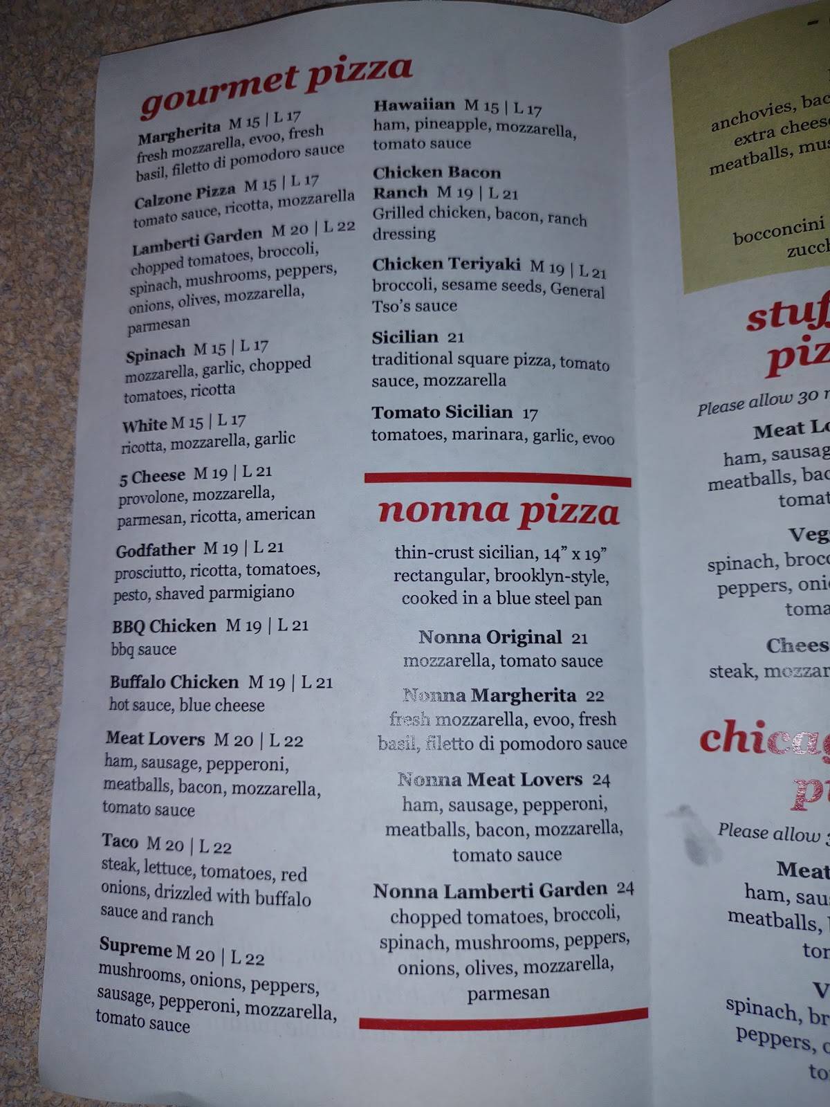 Carta de pizzería Lamberti Pizza & Market, Filadelfia, 707 Chestnut St