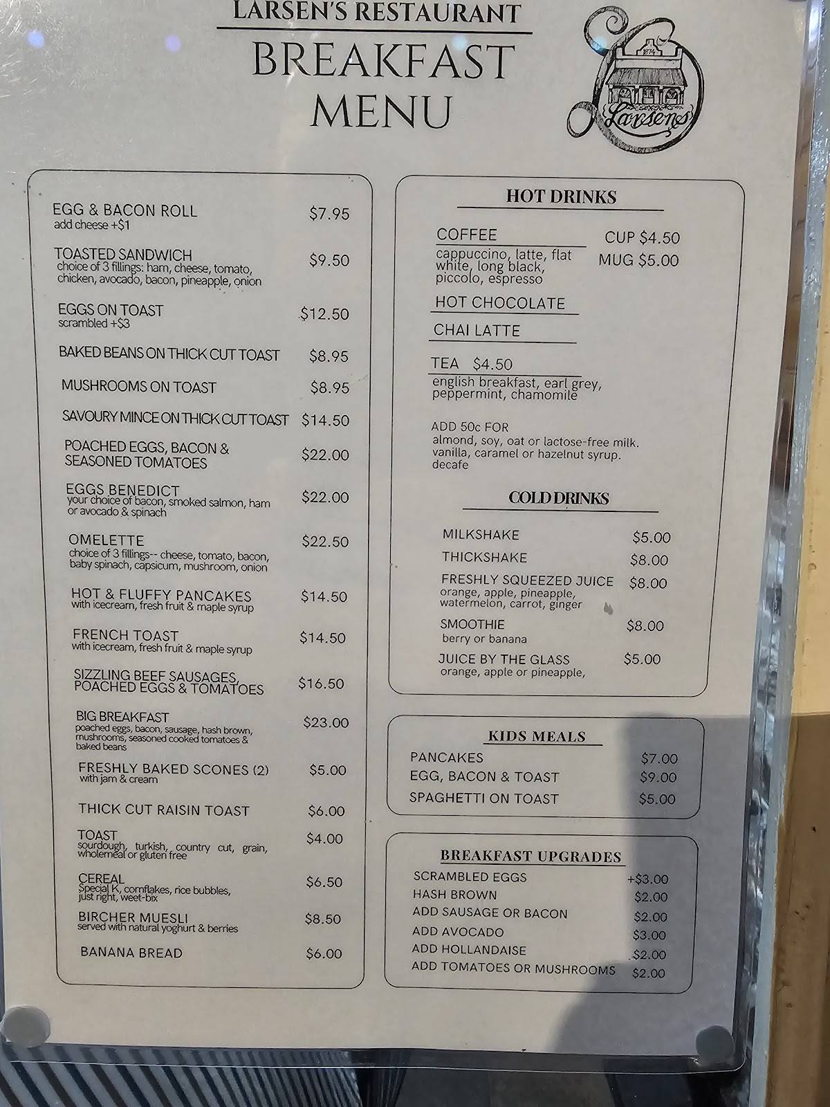Menu at Larsens restaurant, Gulgong
