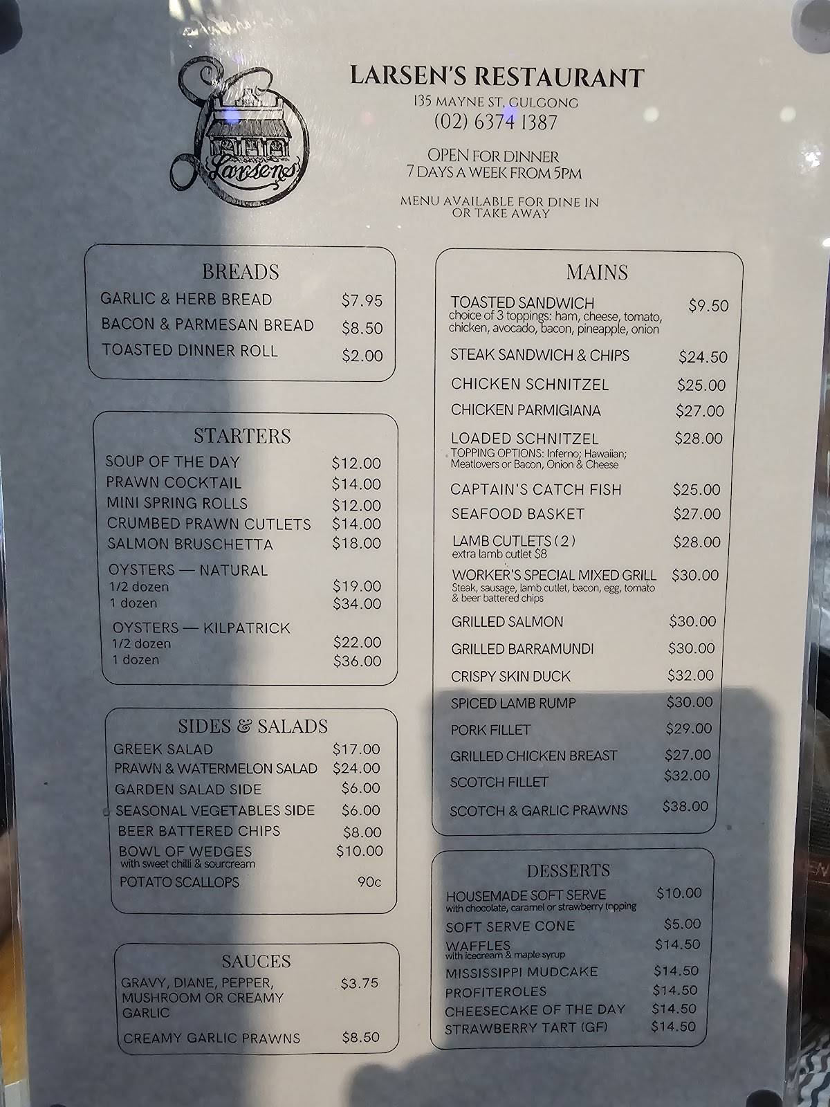 Menu at Larsens restaurant, Gulgong