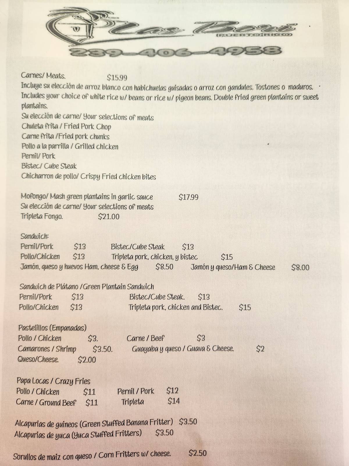 Menu at Las Bori Puerto Rican Food Truck restaurant, Fort Myers