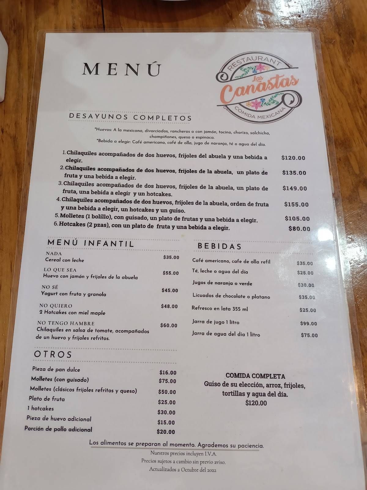 Carta del restaurante Las Canastas, Guadalupe