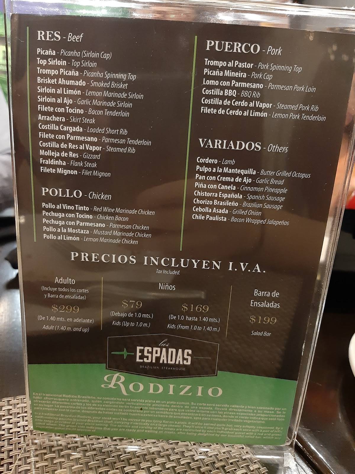 Carta de Las Espadas - Brazilian Steakhouse, Hermosillo