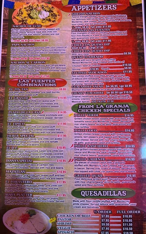 Menu at Las Fuentes Mexican Restaurant, Somerville