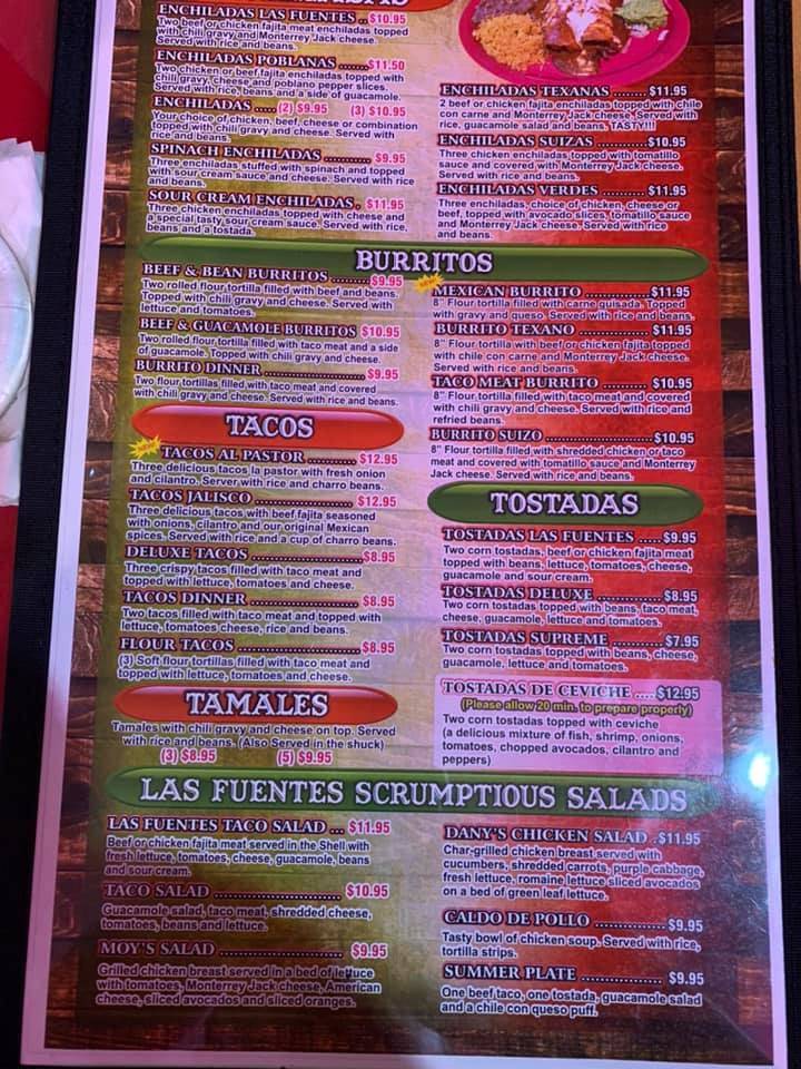 Menu at Las Fuentes Mexican Restaurant, Somerville