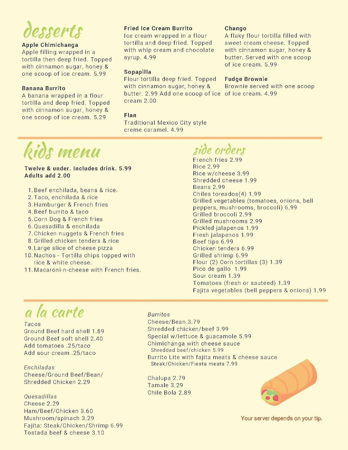Menu at Las Lomas Restaurante Mexicano, Dyersburg