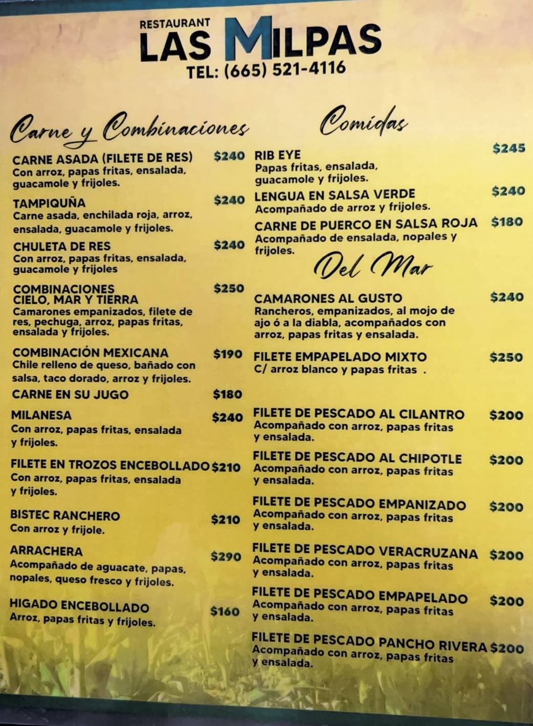 Menu at Las Milpas De Romero restaurant, Tecate, México 2 10