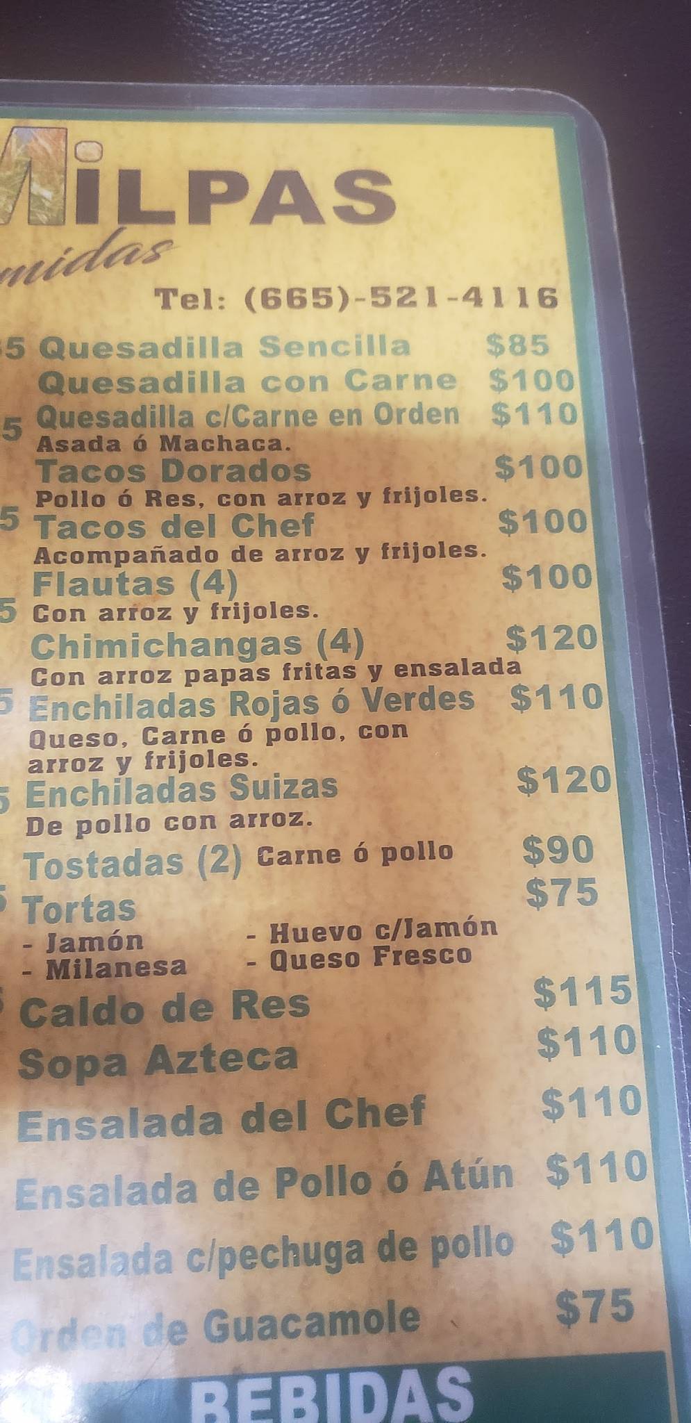 Menu at Las Milpas De Romero restaurant, Tecate, México 2 10