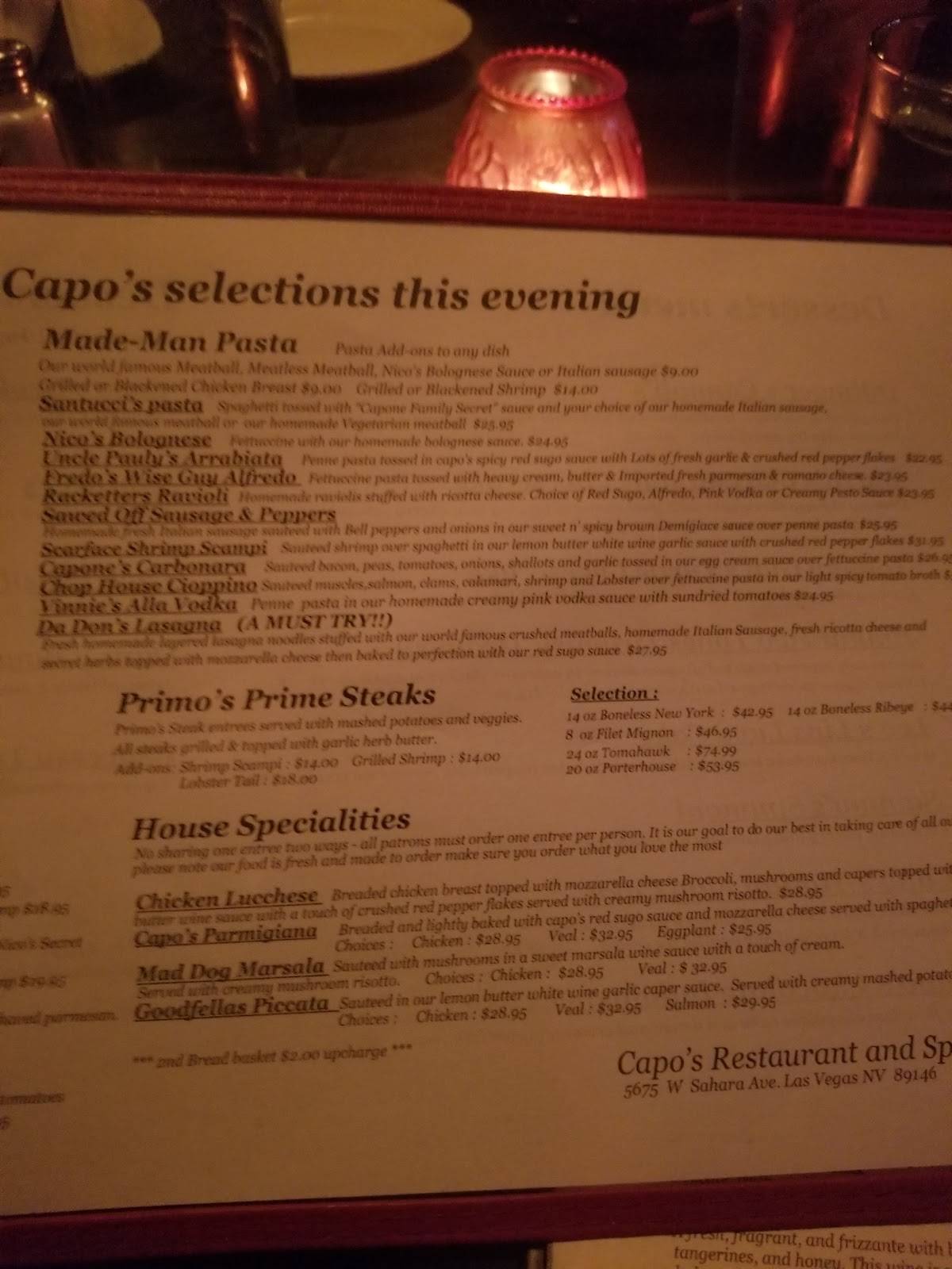 Menu at Capo's Restaurant and Speakeasy, Las Vegas