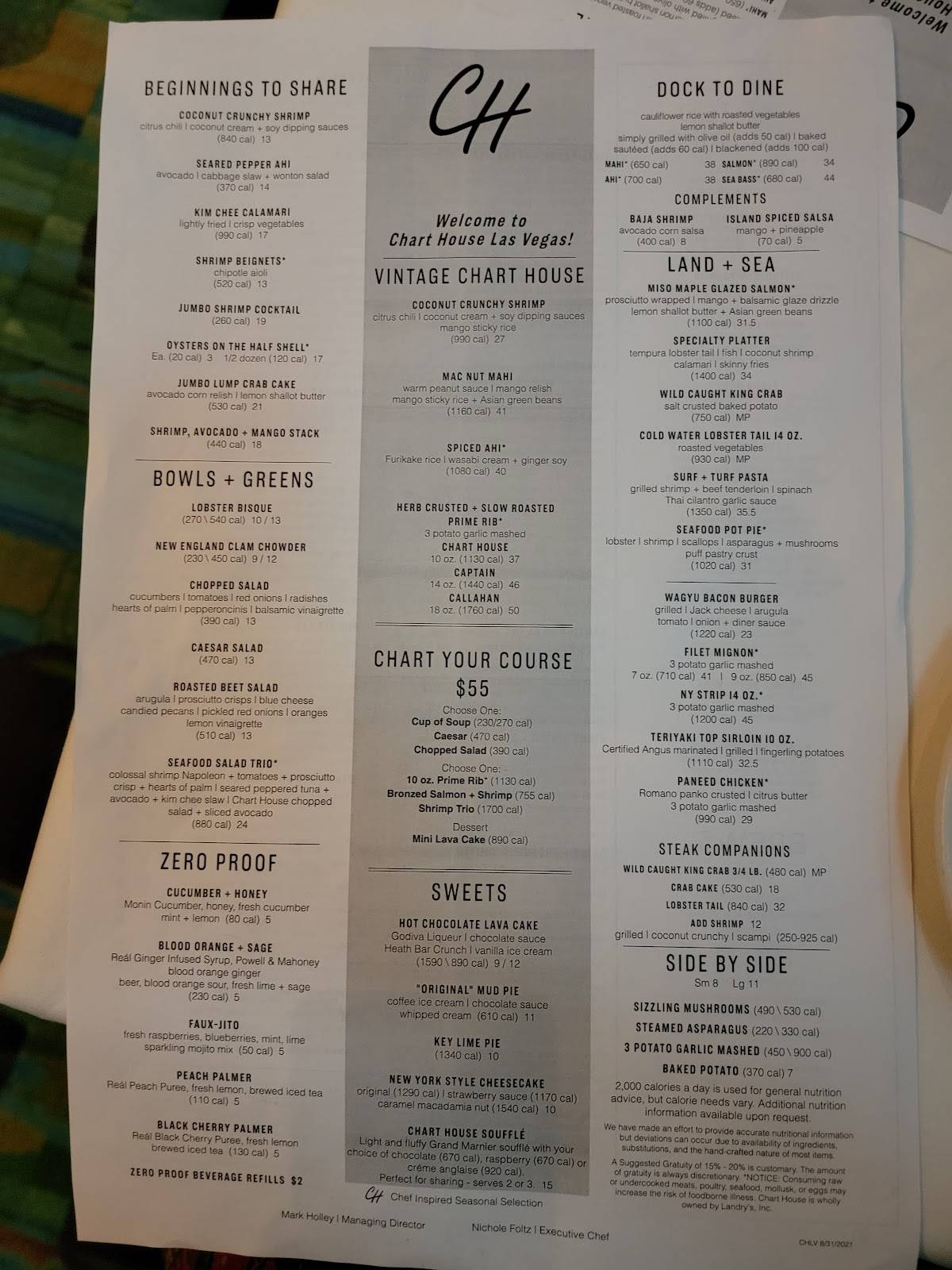 Menu at Chart House steakhouse, Las Vegas