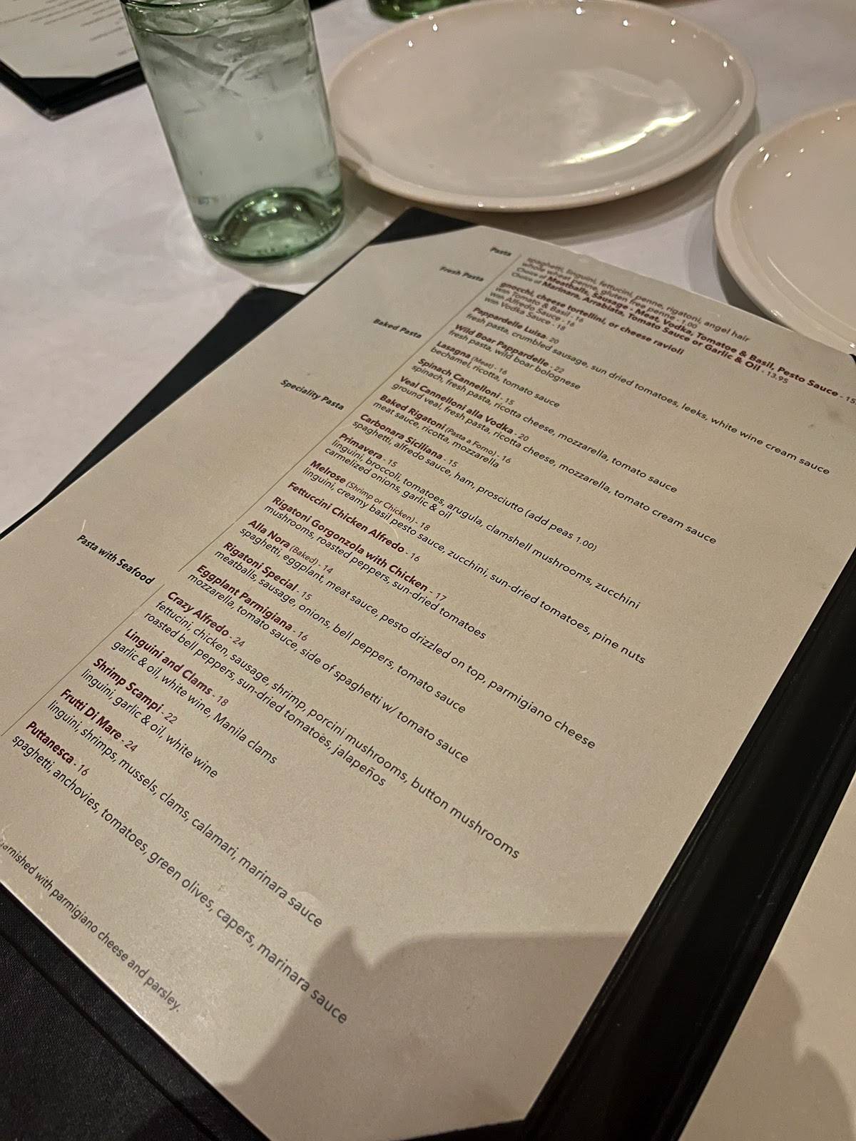 Menu at Nora's Italian Cuisine pub & bar, Las Vegas, 5780 W Flamingo Rd