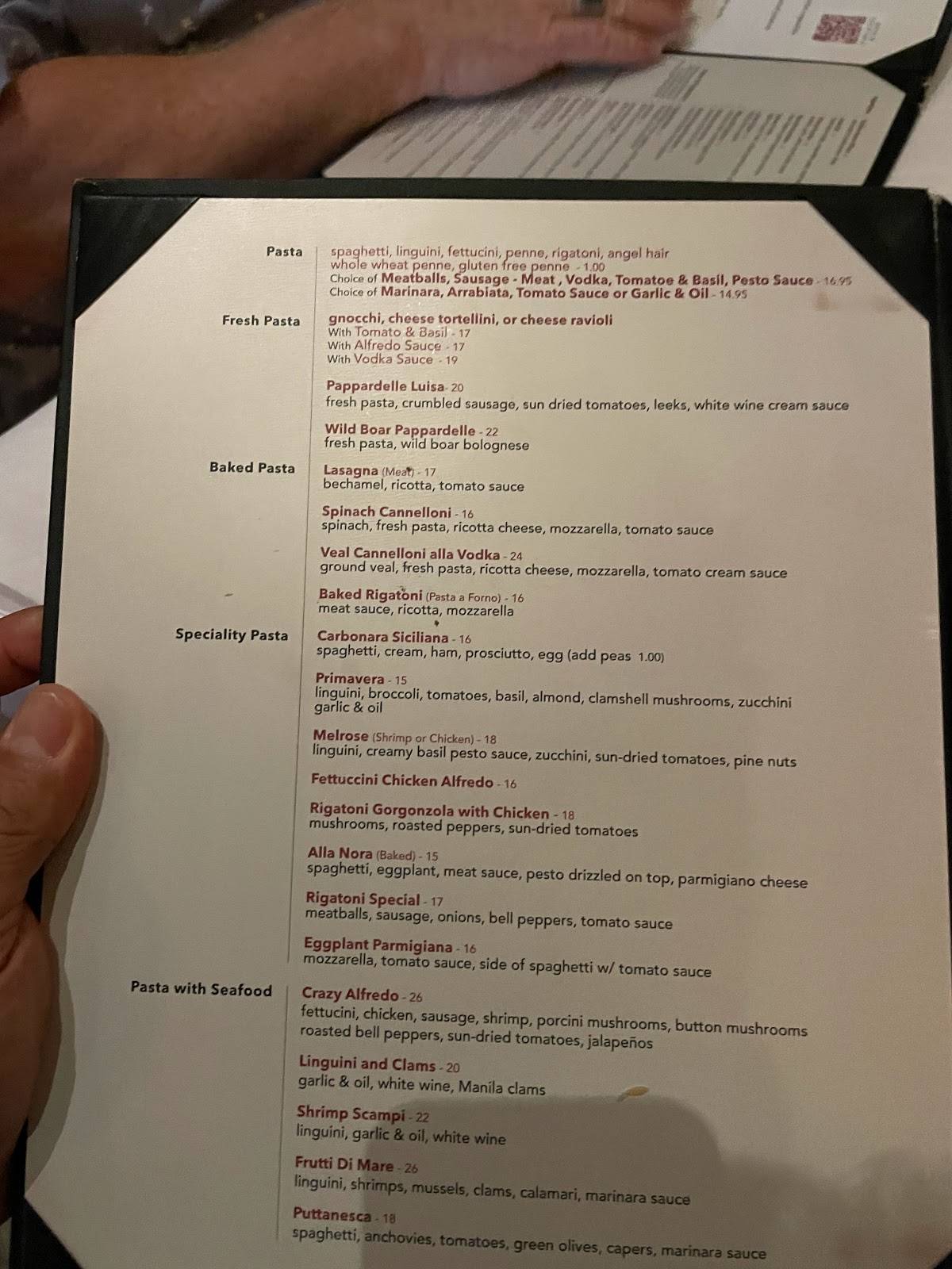 Menu at Nora's Italian Cuisine pub & bar, Las Vegas, 5780 W Flamingo Rd