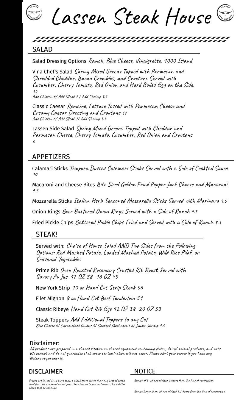 Menu at Lassen SteakHouse, Vina