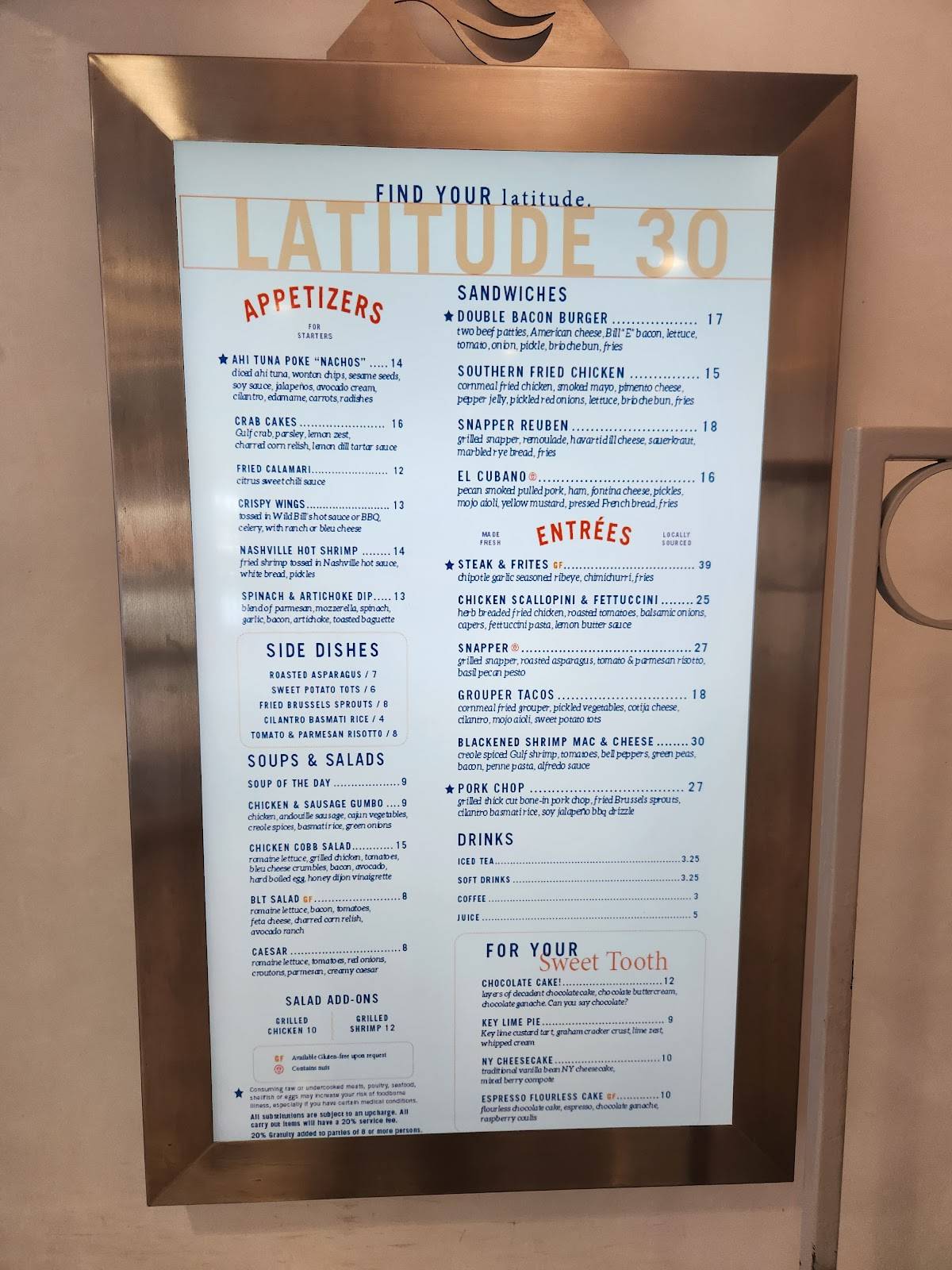 Menu at Latitude 30 restaurant, Orange Beach, Perdido Beach Blvd