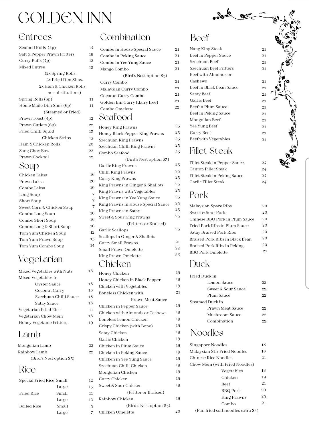 Menu at Golden Inn Chinese Restaurant, Laurieton
