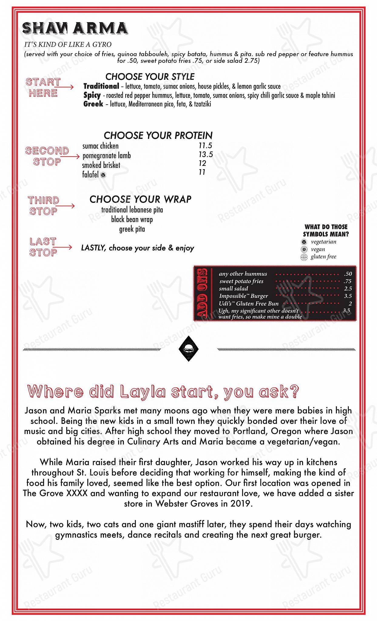 Menu at Layla restaurant, St. Louis, Manchester Ave