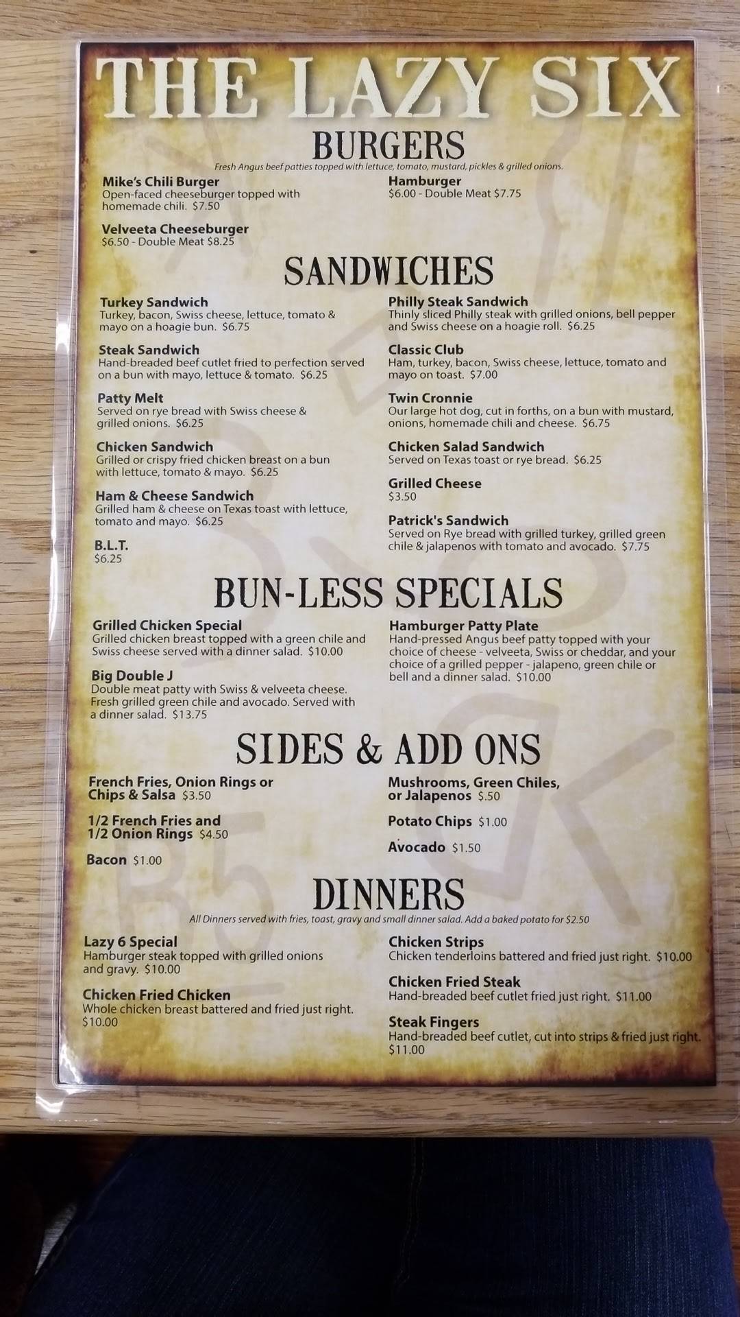 Menu at Lazy 6 restaurant, Lovington