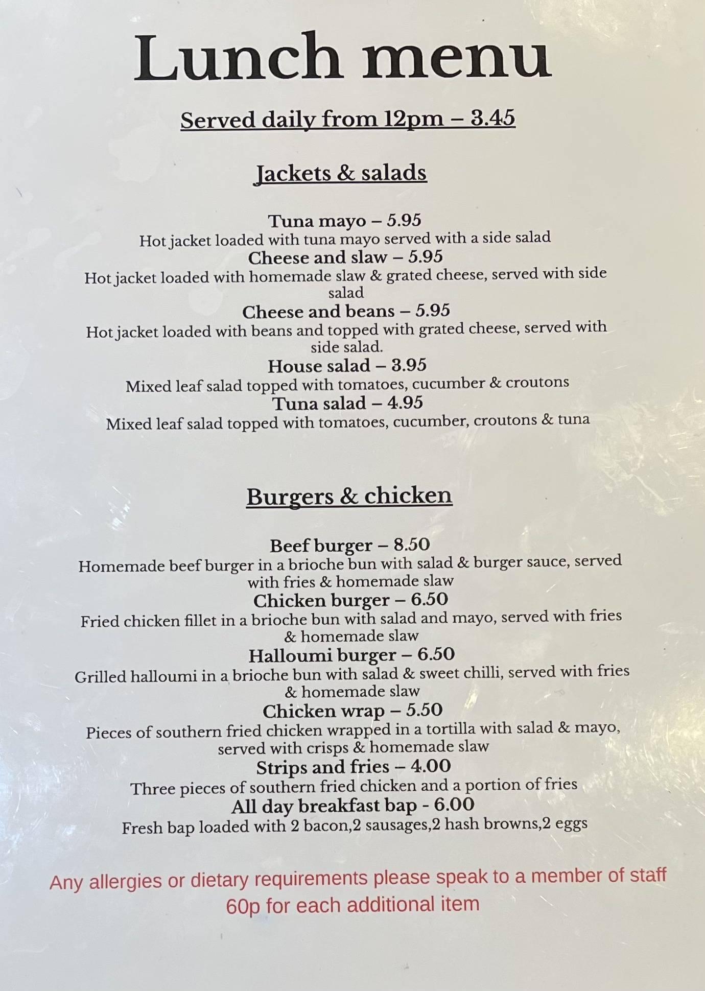 Menu at Lazy Lizard Cafe, Liphook