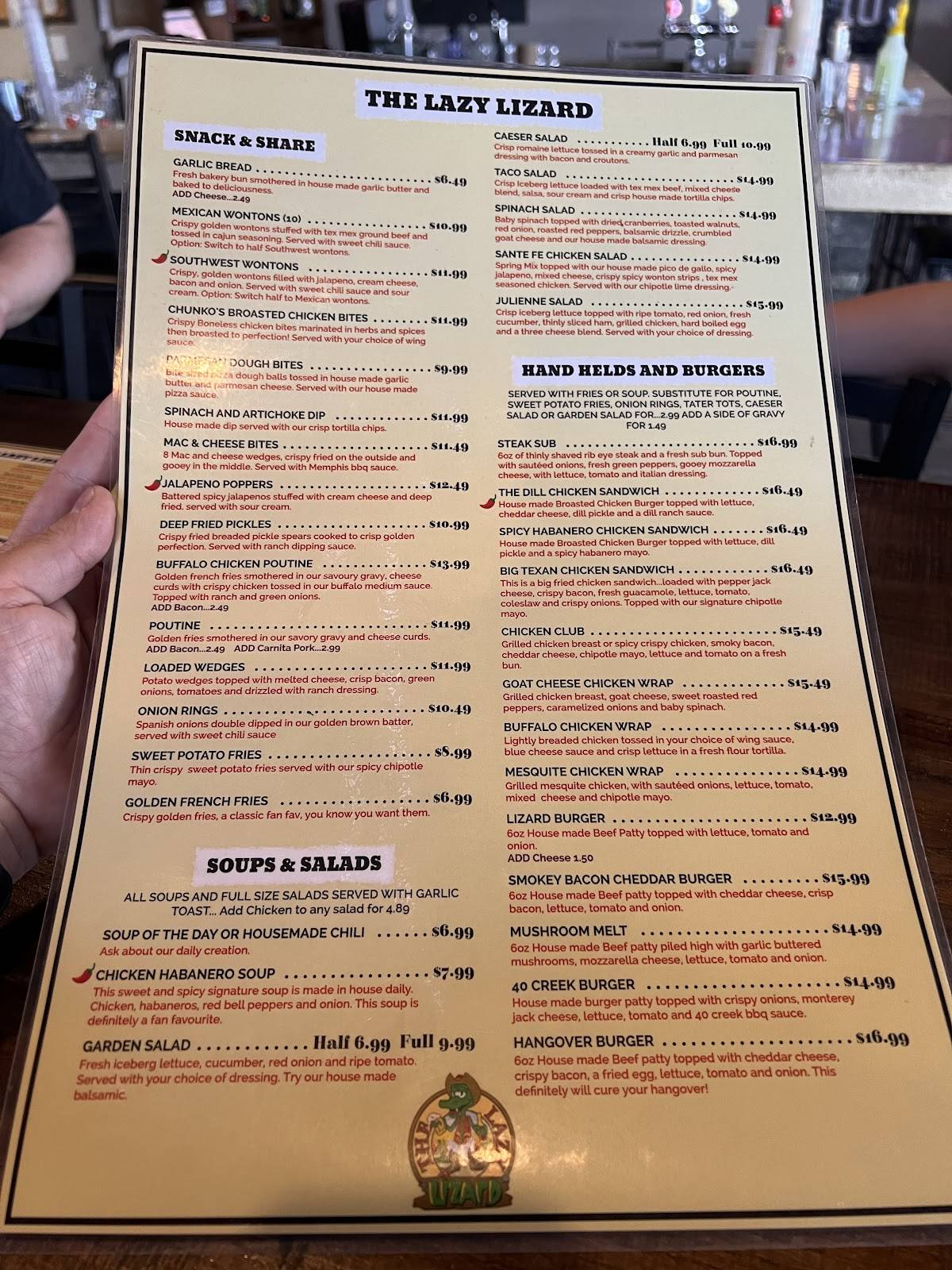 Menu at Lazy Lizard pub & bar, St. Catharines, 396 Ontario St