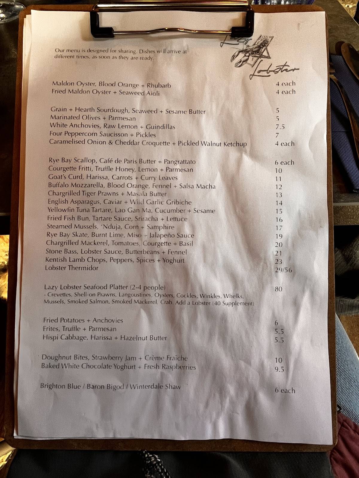 Menu at Lazy Lobster restaurant, Whitstable