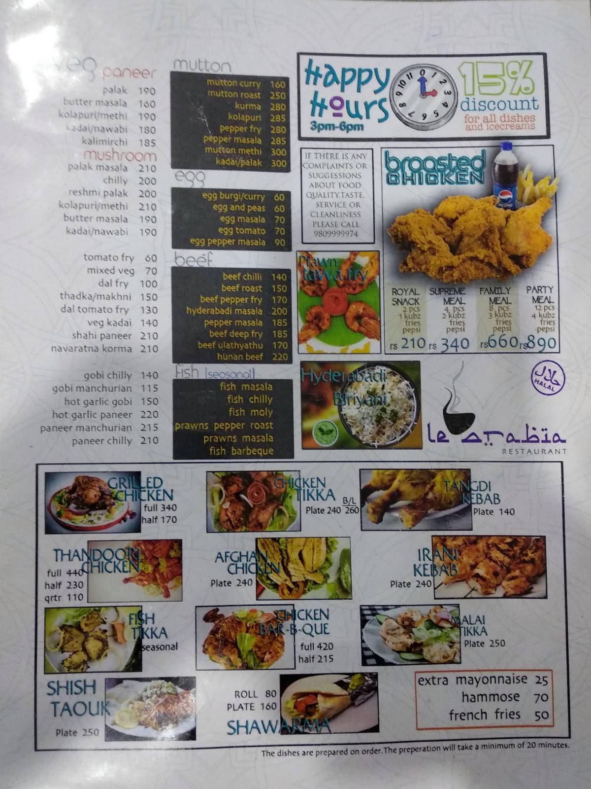 Menu at Le Arabia Restaurant, Kazhakkoottam, Enjakkal Bypass Road