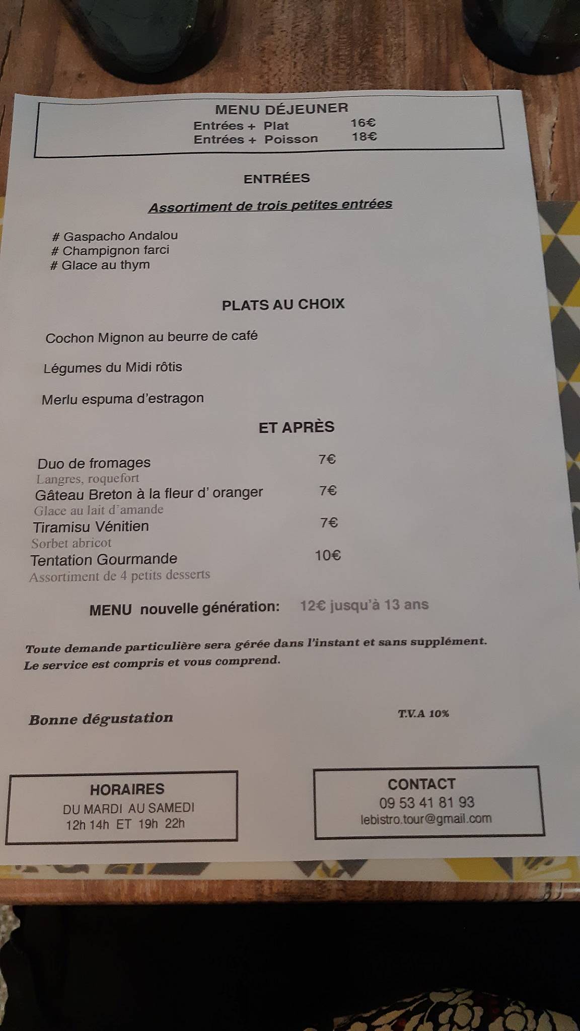 Menu au Le Bistro de La Tour restaurant, Quimperlé