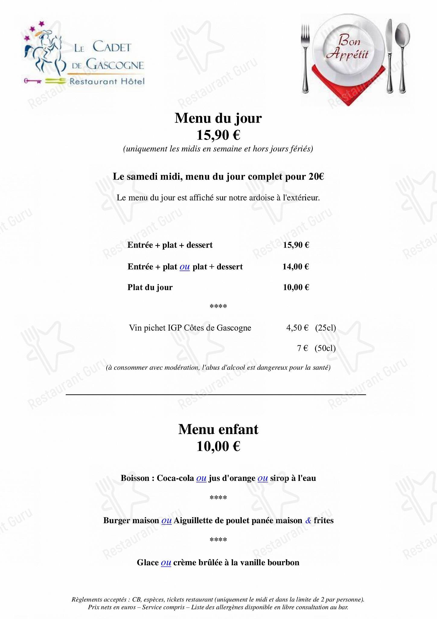 Menu au Le Cadet de Gascogne Saint Justin restaurant, Saint-Justin