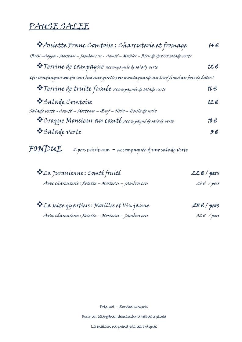 Menu au Le Café des Seize Quartiers, Château-Chalon