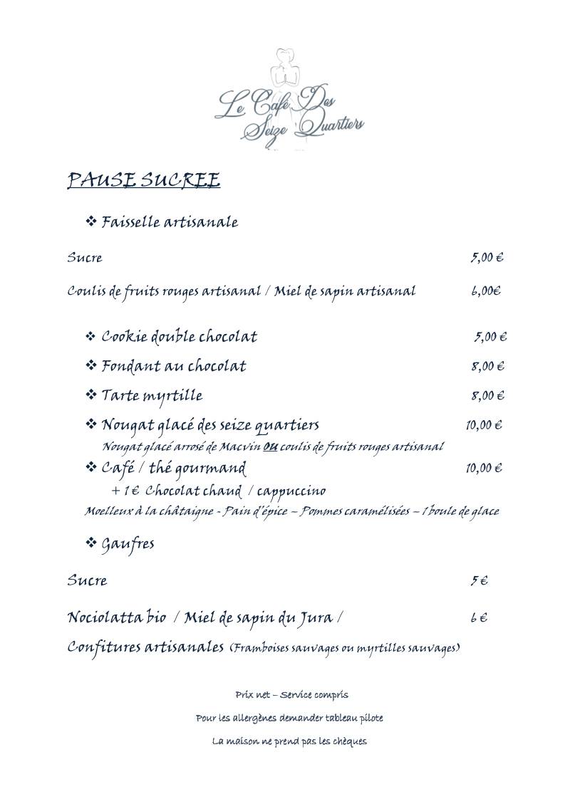 Menu au Le Café des Seize Quartiers, Château-Chalon