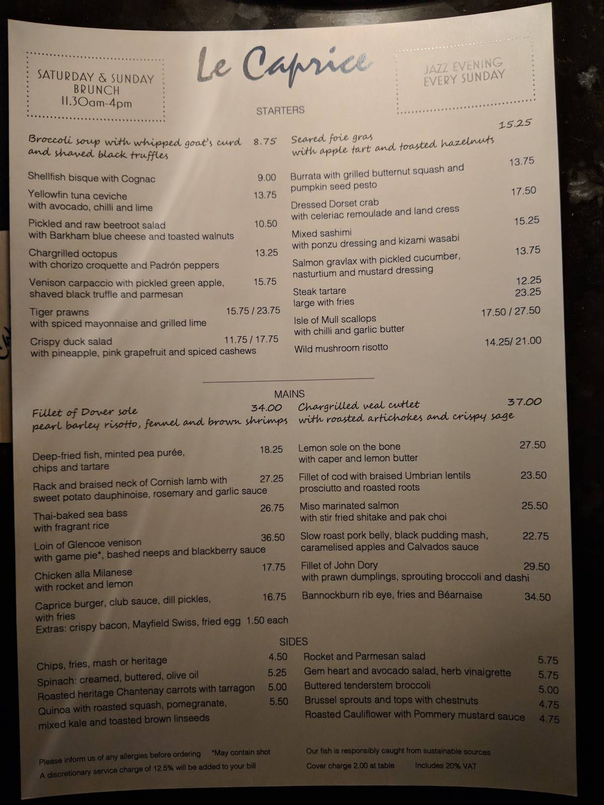 Menu at Le Caprice restaurant, London, 20 Arlington St